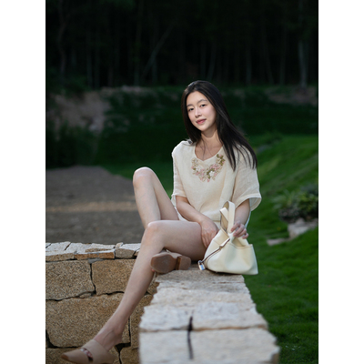 Floating东方诗意 重工亚麻丝带绣短袖上衣+短裤+半裙轻中式套装