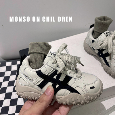 儿童运动鞋春秋季新款真皮男童休闲板鞋女童魔术贴韩版百搭老爹鞋