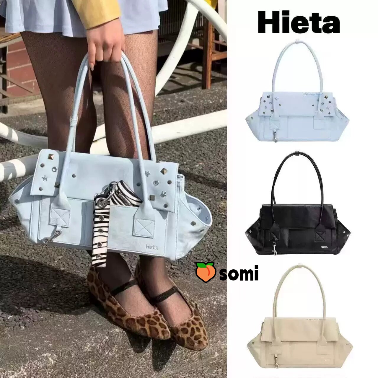 somi家直邮~小众设计hieta26ss春夏铆钉装饰单肩托特腋下包女7