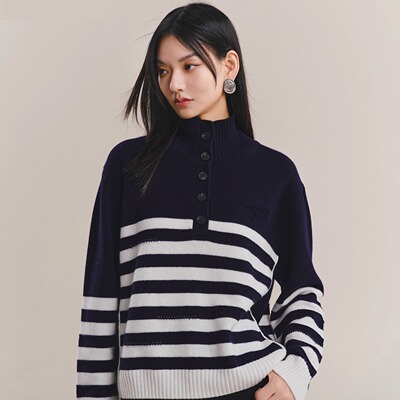 商场同款25冬季款女装半高领经典条纹翻领针织衫A1EEF4338