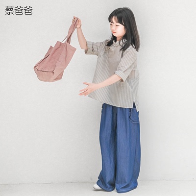 口袋裤子春秋装女大童蓝色阔腿裤