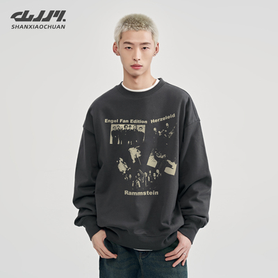 山小川复古人物照片加绒卫衣男款重磅银狐绒男士圆领加厚无帽上衣