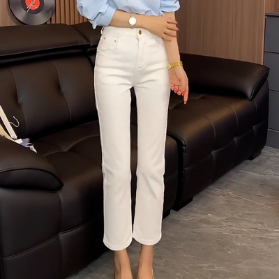 新款小个子高腰白色休闲直筒裤
