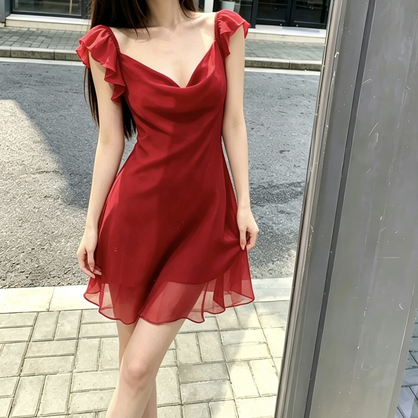 怪诞女孩 红色复古轻纱荡领小飞袖吊带连衣裙女 夏季气质收腰短裙