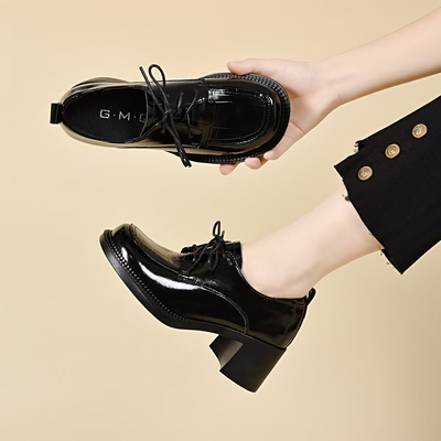 新款女鞋粗跟圆头系带女鞋浅口单鞋配裙子GMQ7073