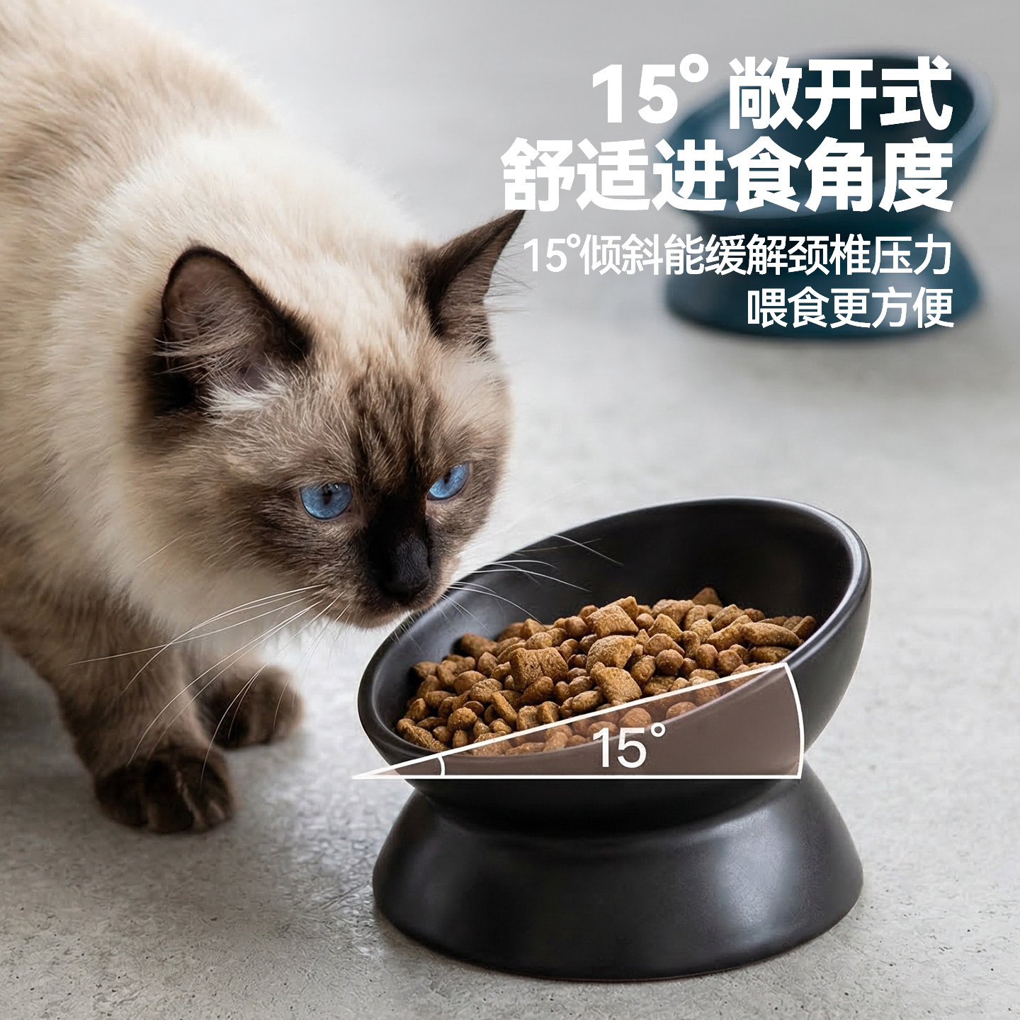 徕本黑色猫碗陶瓷水碗宠物喝水碗斜口猫食盆猫盆猫咪保护颈椎黑碗