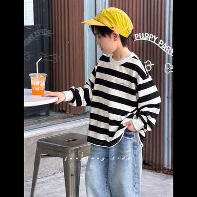春秋男童全棉条纹长袖T恤2026新款圆领男孩百搭宽松洋气打底上衣t