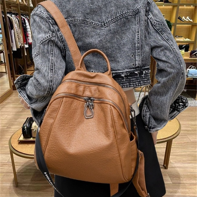 CaringKleing软皮双肩包女2025新款韩版时尚大背包休闲旅行包包