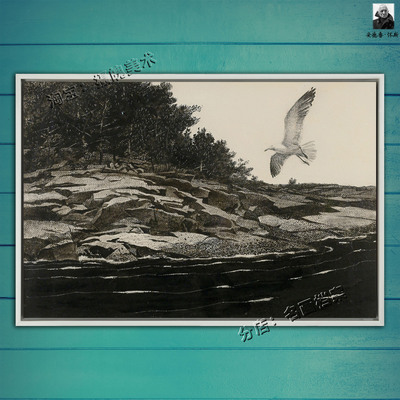 于佩尔岛的礁石 Ledge On Hupper's Island 怀斯黑白水彩画 wyeth