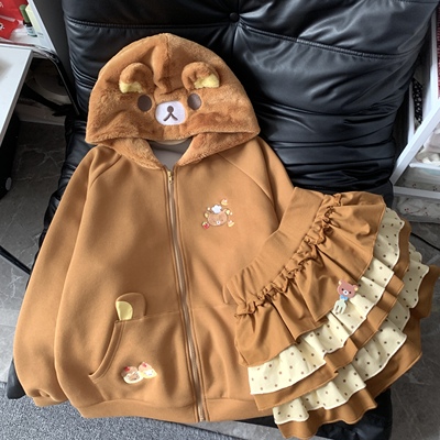 blurredbear原创日系软妹连帽轻松熊外套女可爱百搭加绒加厚卫衣