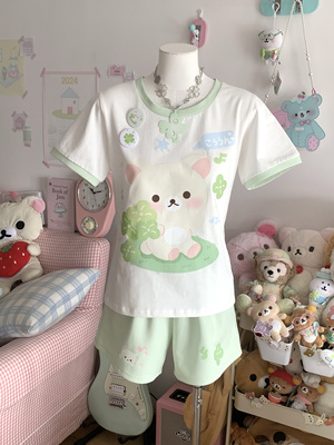 迷糊小熊原创日系可爱软妹宅系印花纯棉短袖女夏季休闲百搭套装女