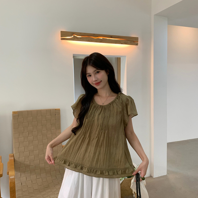 SUSAN-夏上新韩系圆领系带下摆木耳边重工小衫（含100棉料）L-100