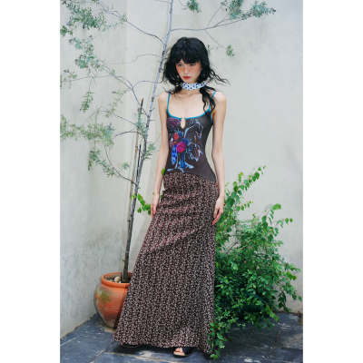 坏品味西部 复古插花印花拼接撞色修身吊带长款连衣裙