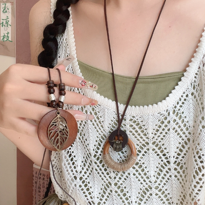 新中式长款树叶编织绳项链
