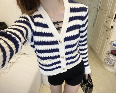 高端货外套v领新款条纹小香开衫