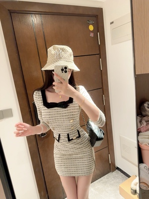 *乖嗲气质一体*韩系H领蝴蝶结五分袖短款小香风连衣裙女