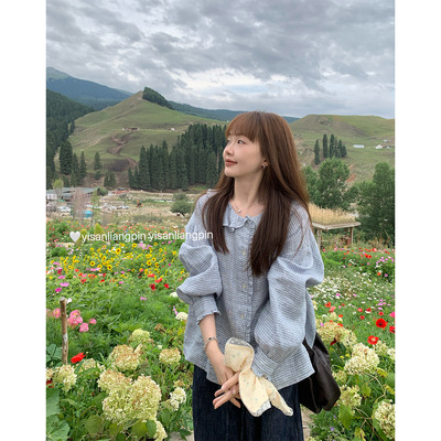 天丝亚麻法式格子花边衬衫女秋
