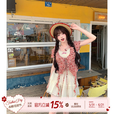 甜美风假两件格纹上衣女