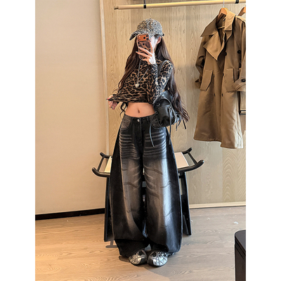 郑小亮美式黑灰低腰弯刀牛仔裤女2026秋季新款宽松洋气阔腿拖地裤