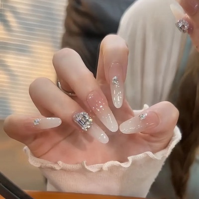手工穿戴猫眼爆闪法式高级钻球成品美甲裸色贴片渐变纯手工显白