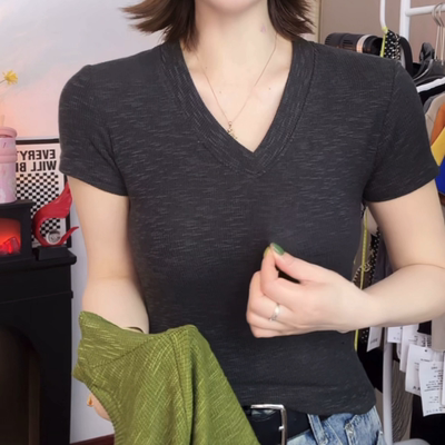 简约百搭V领修身显瘦短t恤女上衣