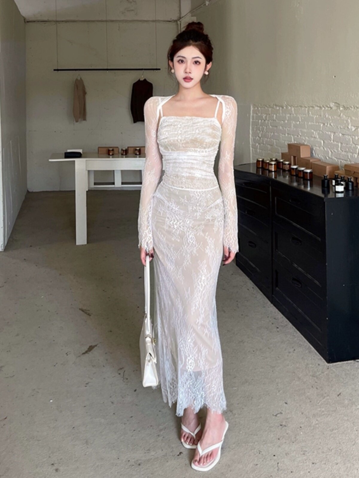 instahot Spring Elegant Mesh Stitching Lace Dress Sexy Knitted Inner ...