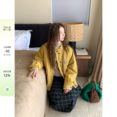 【现货】CCKOK 冬季韩系通勤穿搭粉黄色小狗刺绣100%棉羔毛外套女