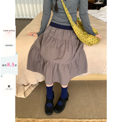 CCKOK 2026早春新品韩系通勤 穿搭灰褐色拼接半身中长款裙女