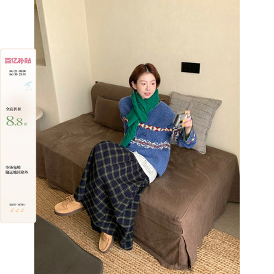 【现货】冬季新品韩系穿搭气质通勤  百搭磨毛墨绿格纹半身长裙女