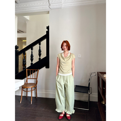 荷叶边花边阔腿裤压褶灯笼休闲裤