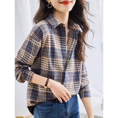 香港TIMO磨毛长袖格子衬衫女春秋新款上衣覆古Polo领宽松衬衫外套