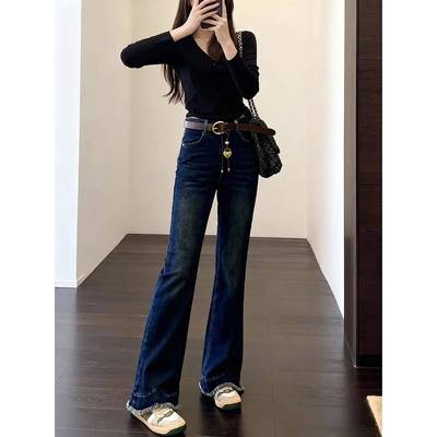 韩国渐变色美式覆古高腰微喇牛仔裤女秋冬加绒薄绒显瘦阔腿喇叭裤