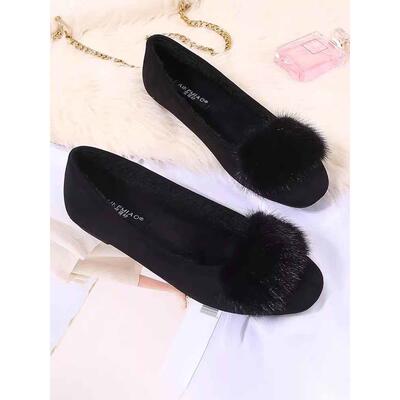 香港真皮水貂毛豆豆鞋女平底大码女鞋单鞋秋冬外穿加绒黑色毛毛鞋