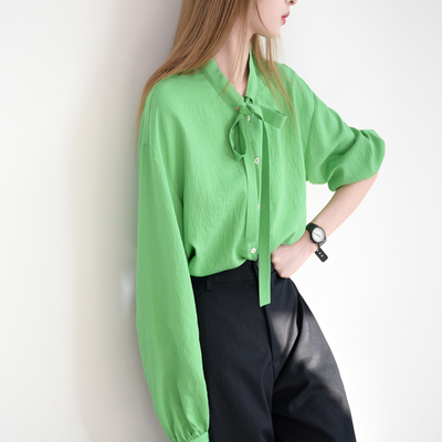 Trr领口系带衬衫女合身长袖上衣