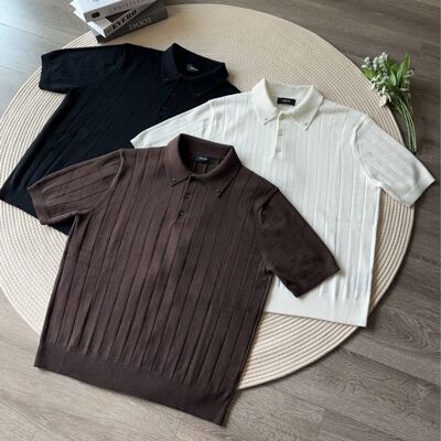 澳洲羊毛坑条纹路短宽polo衫