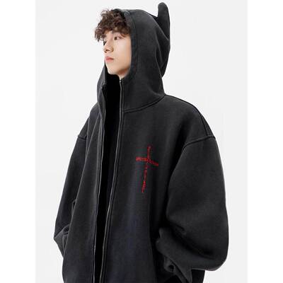 it neith BIAS潮牌美式水洗做旧连帽开衫卫衣男士刺绣设计感外套