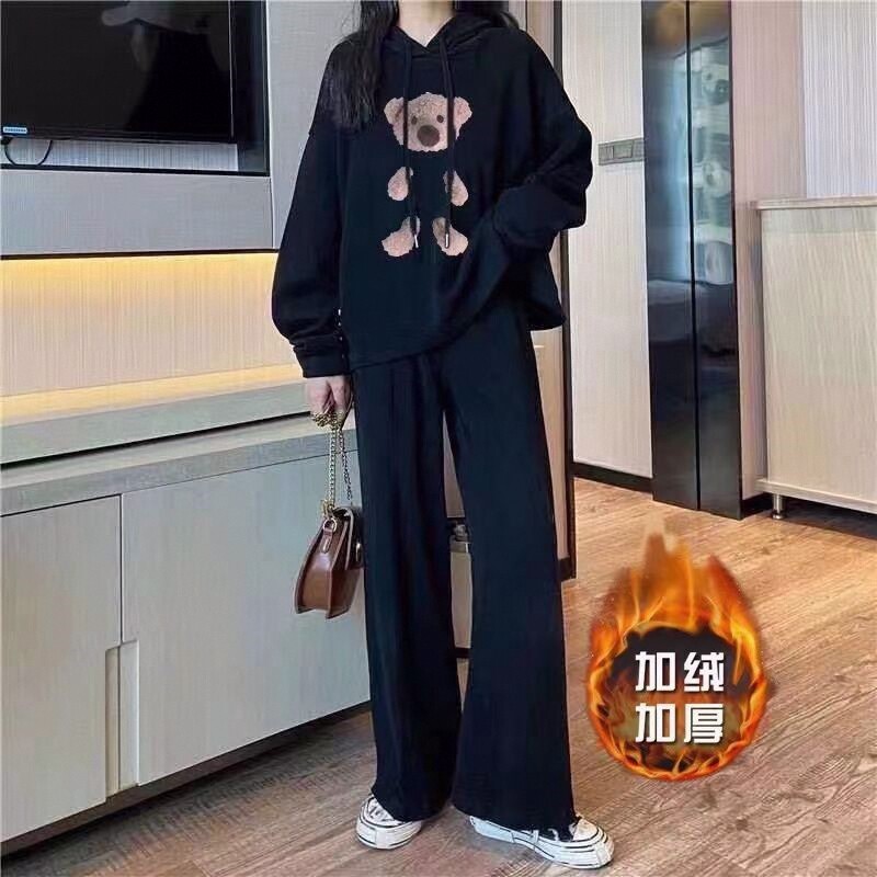 加绒加厚休闲小熊运动套装女韩版宽松连帽卫衣阔腿裤女潮春秋秋冬