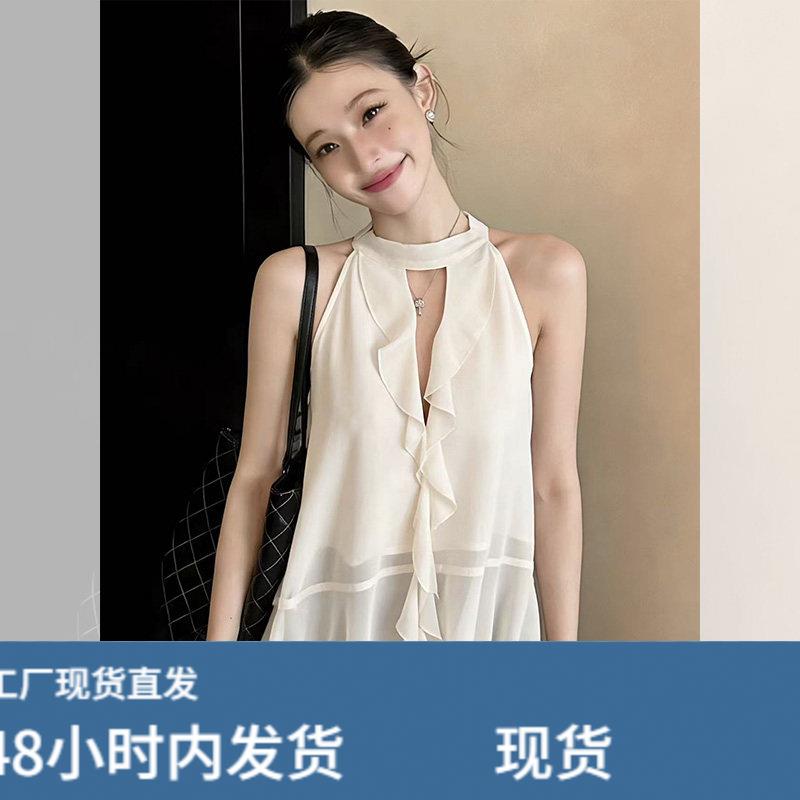 法式浪漫风重工蕾丝无袖挂脖荷叶边雪纺衫女夏季新款时尚减龄上衣