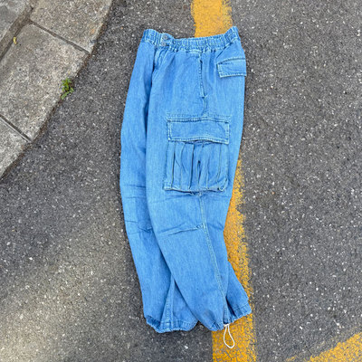 Kuon City Boy宽松风indigo 蓝染水洗做旧多袋可束脚工装裤