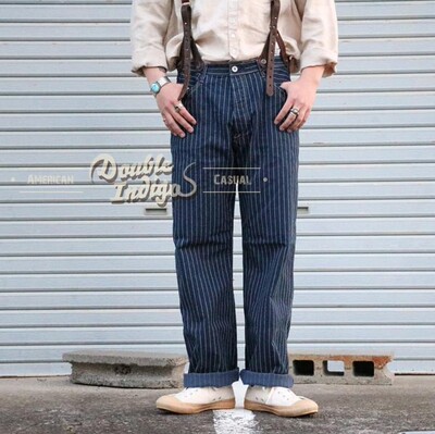 Wabash条纹复古直筒背带休闲裤