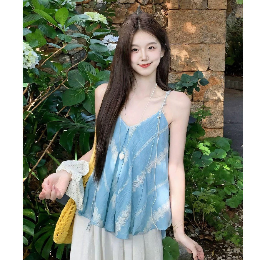 夏季清新度假风蓝色碎花串珠吊带背心女夏季松弛感宽松露背上衣潮