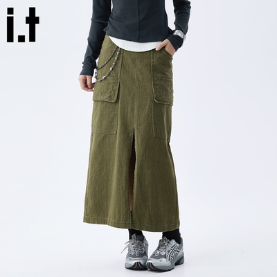 IT5cm绿色开叉工装裙牛仔半身