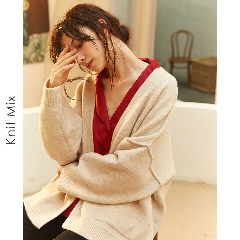 Knit Mix毛衣女2023年新款秋冬季慵懒风宽松外穿百搭针织开衫外套_虎窝淘