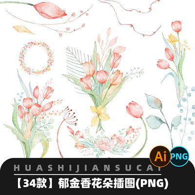 P029手绘水彩郁金香花束插图装饰元素PNG免抠图贴纸剪贴画素材