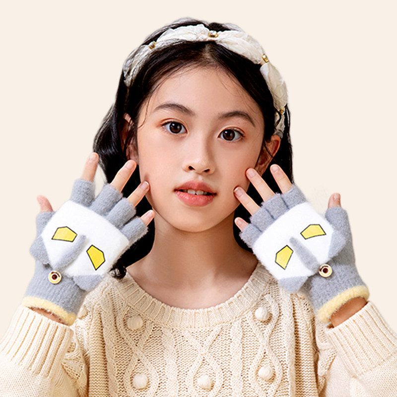 儿童秋冬季卡通保暖手套宝宝新款半指套女童冬季加厚写作业五指套