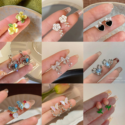 925银针简约森系爱心花朵耳钉女ins风气质甜美耳环感耳饰