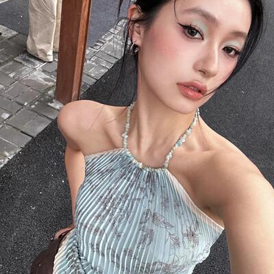 正版现货ANTIMOON浅蓝描花薄荷曼波冰凉碎玉辣妹褶皱丝巾上衣