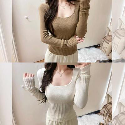 秋冬方领收腰显瘦针织打底衫女纯欲风气质内搭毛衣基础款修身上衣