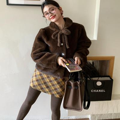 中古系列 仿水貂环保毛毛洋气系带蝴蝶结短款皮草外套女秋冬新款