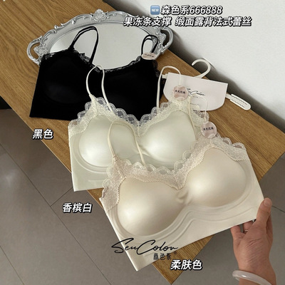 古妃美背缎面露背法式蕾丝内衣女